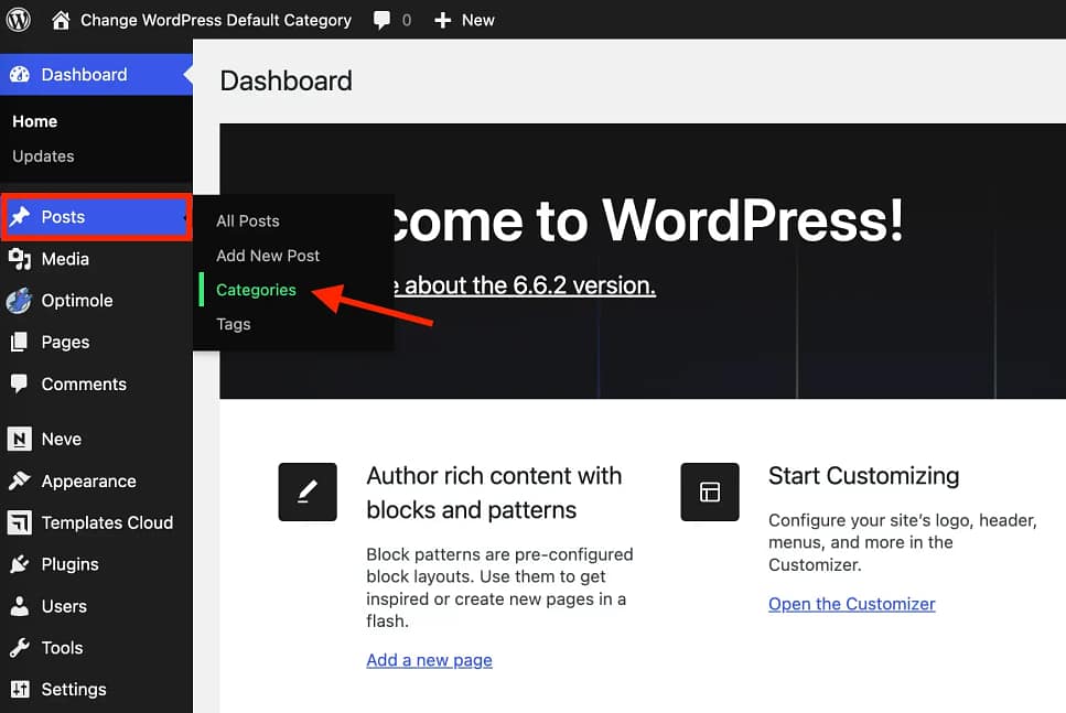 wordpress set default category