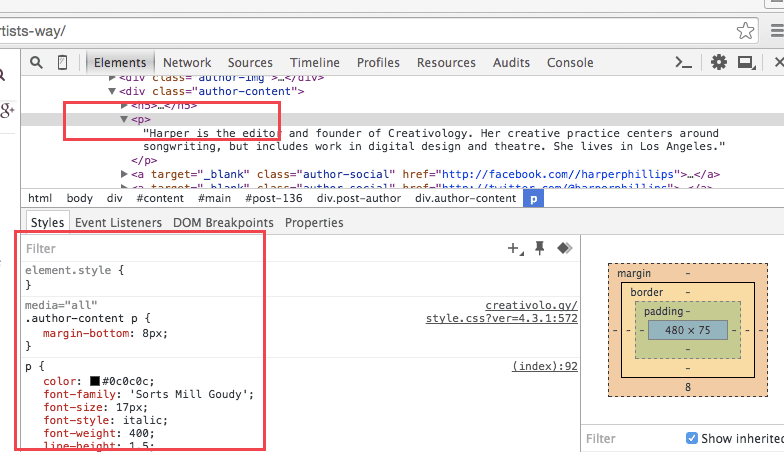 Using the Chrome Inspect Element Tool to examine HTML and CSS for a page